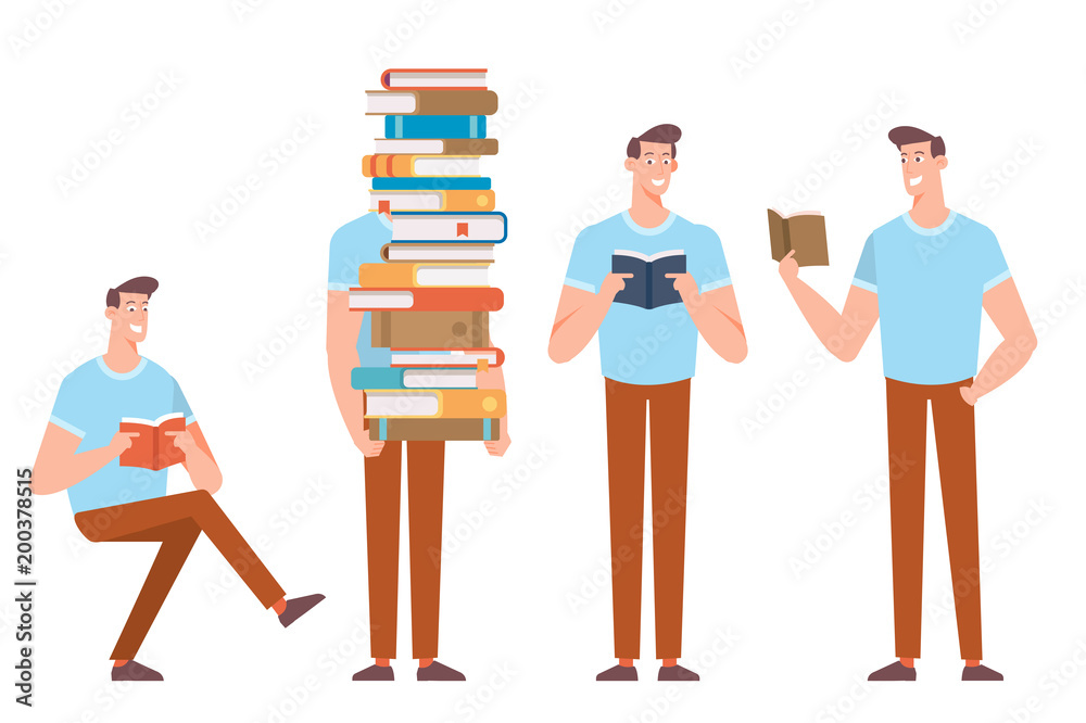 Man sitting, standing reading, holding a huge stack of books. Cartoon ...