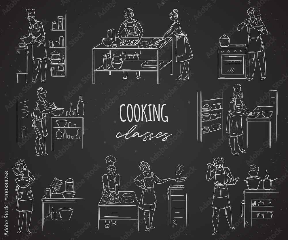 Cooking class. Group of people preparing meals. Isolated elements on ...