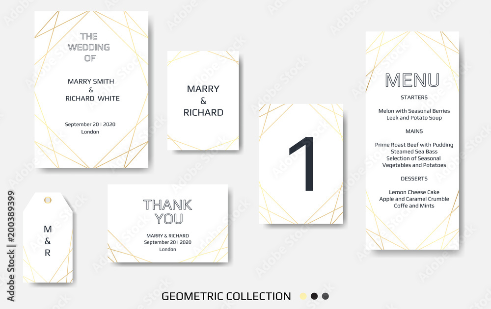 Wedding Invitation, invite card design with Geometrical art lines, gold ...