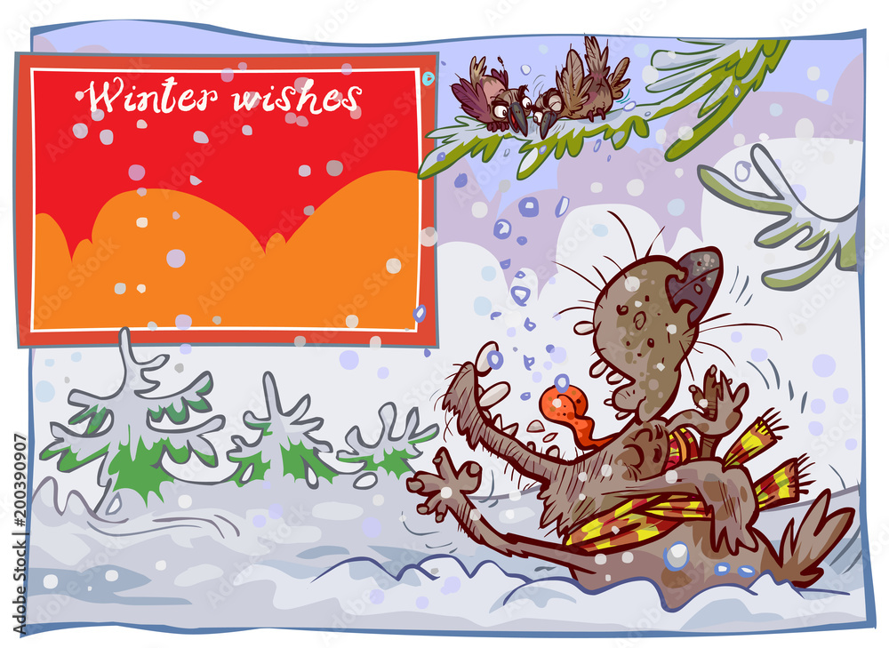 Winter cartoon illustration with dog and birds. All in separate layers ...