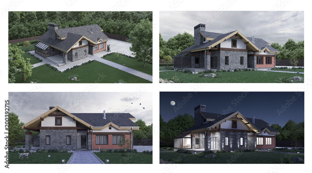 3d render of a modern private house stone texture facade with green ...