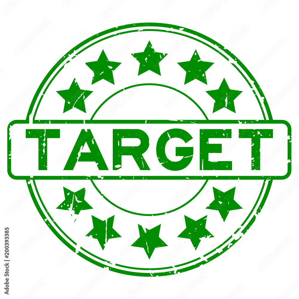 Grunge green target with star icon round rubber seal stamp on white ...