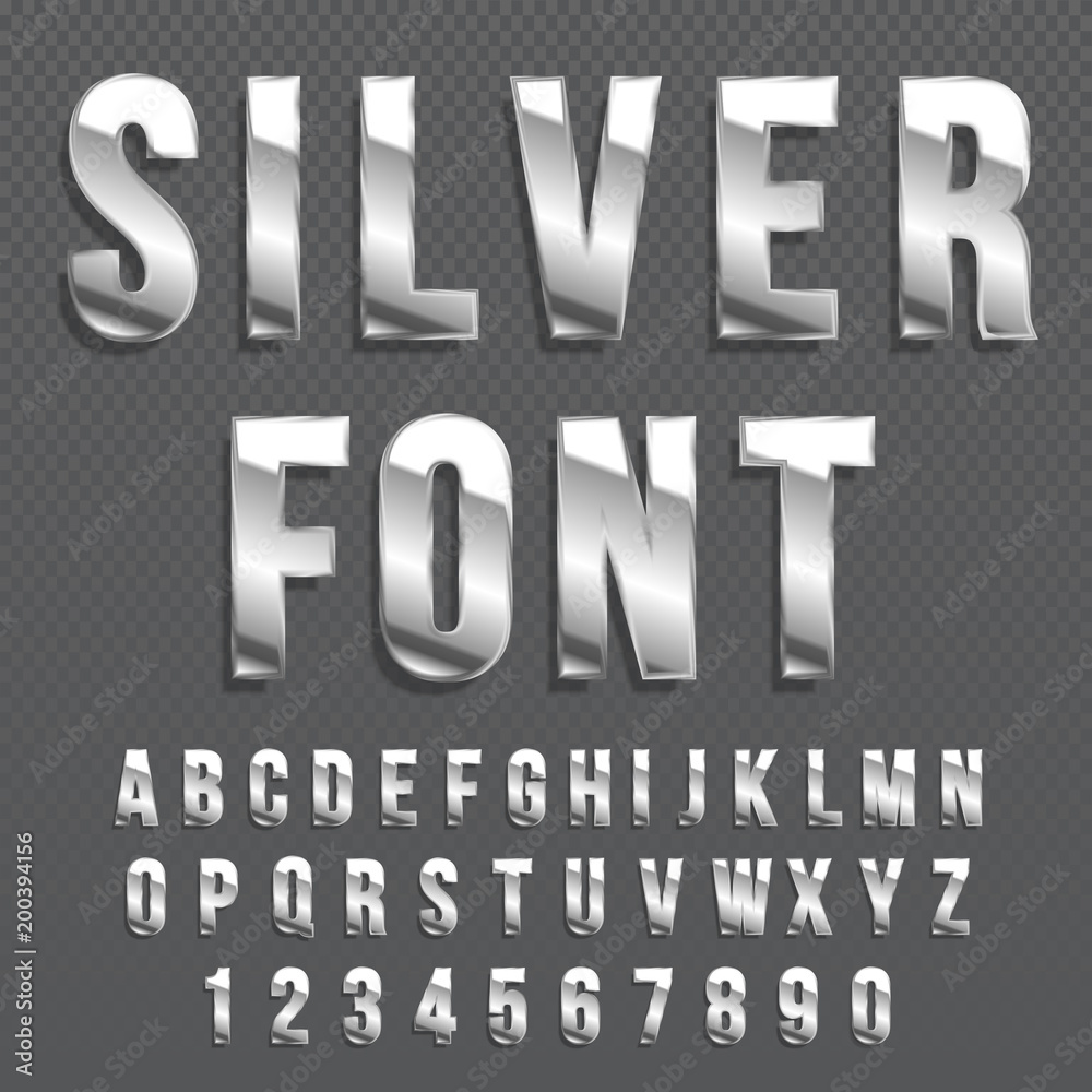 Silver glossy vector font or gold alphabet. Silver typeface. Metallic ...