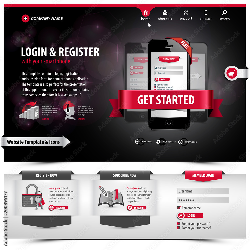 website template design containing web elements: header menu with flat ...