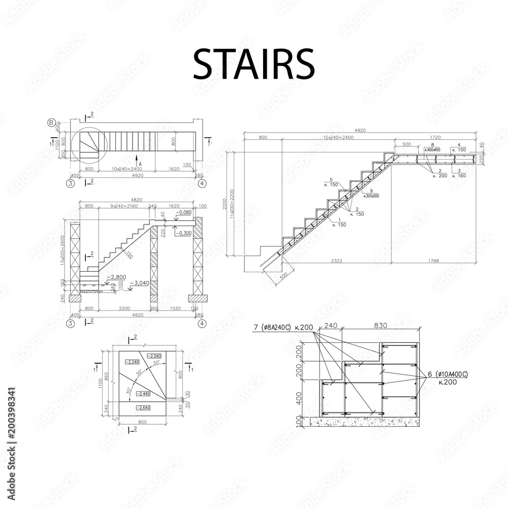 Detailed architectural plan of stairs, construction industry vector ...