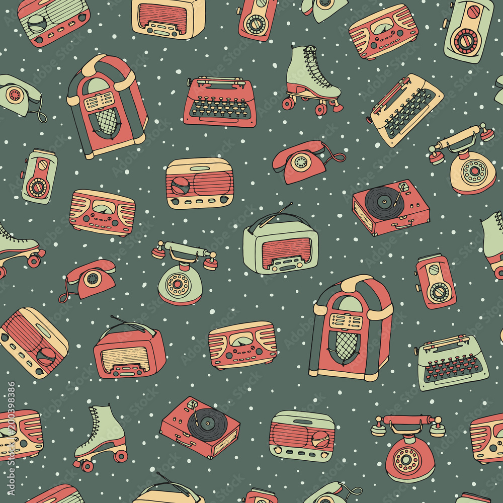 Vector retro seamless pattern with antique tech, scooter, juke box ...