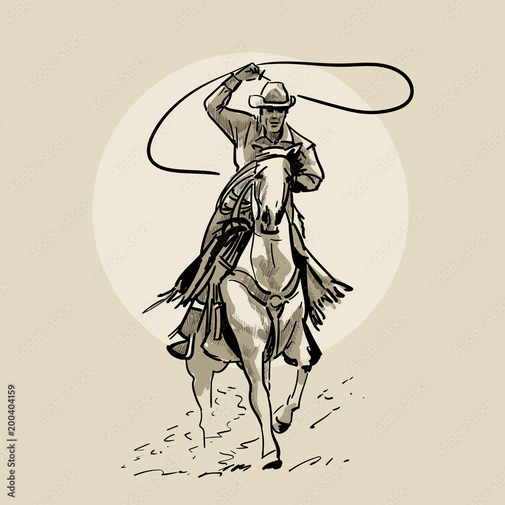 American cowboy riding horse and throwing lasso. Hand drawn ...