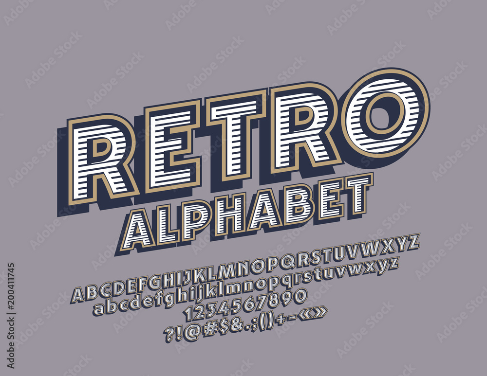 Vector Retro Alphabet. Rotated stroped Font. Beveled Vintage style ...