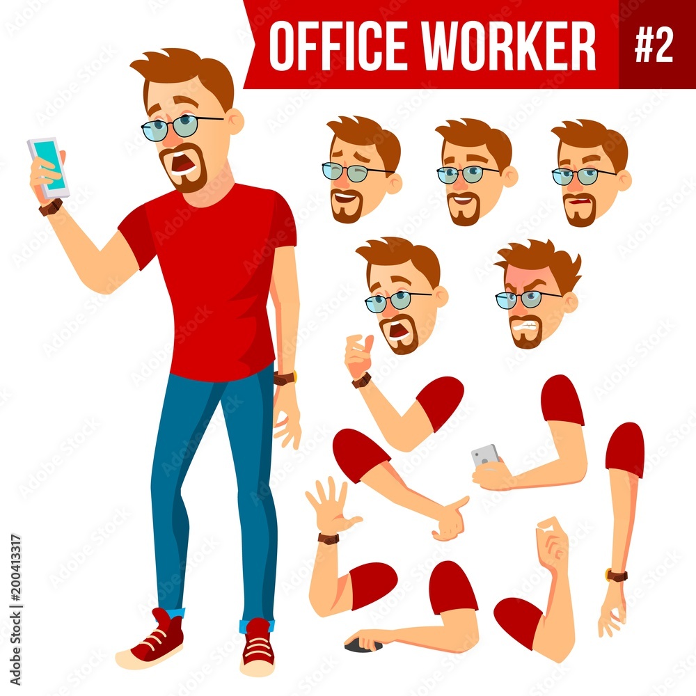 Office Worker Vector. Face Emotions, Various Gestures. Animation ...