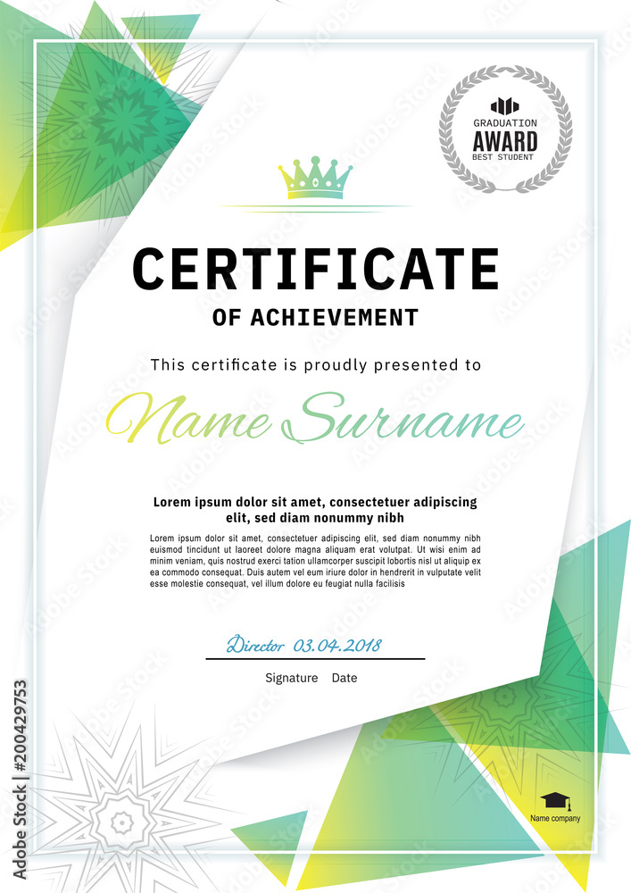 Official white certificate with green triangle design elements ...