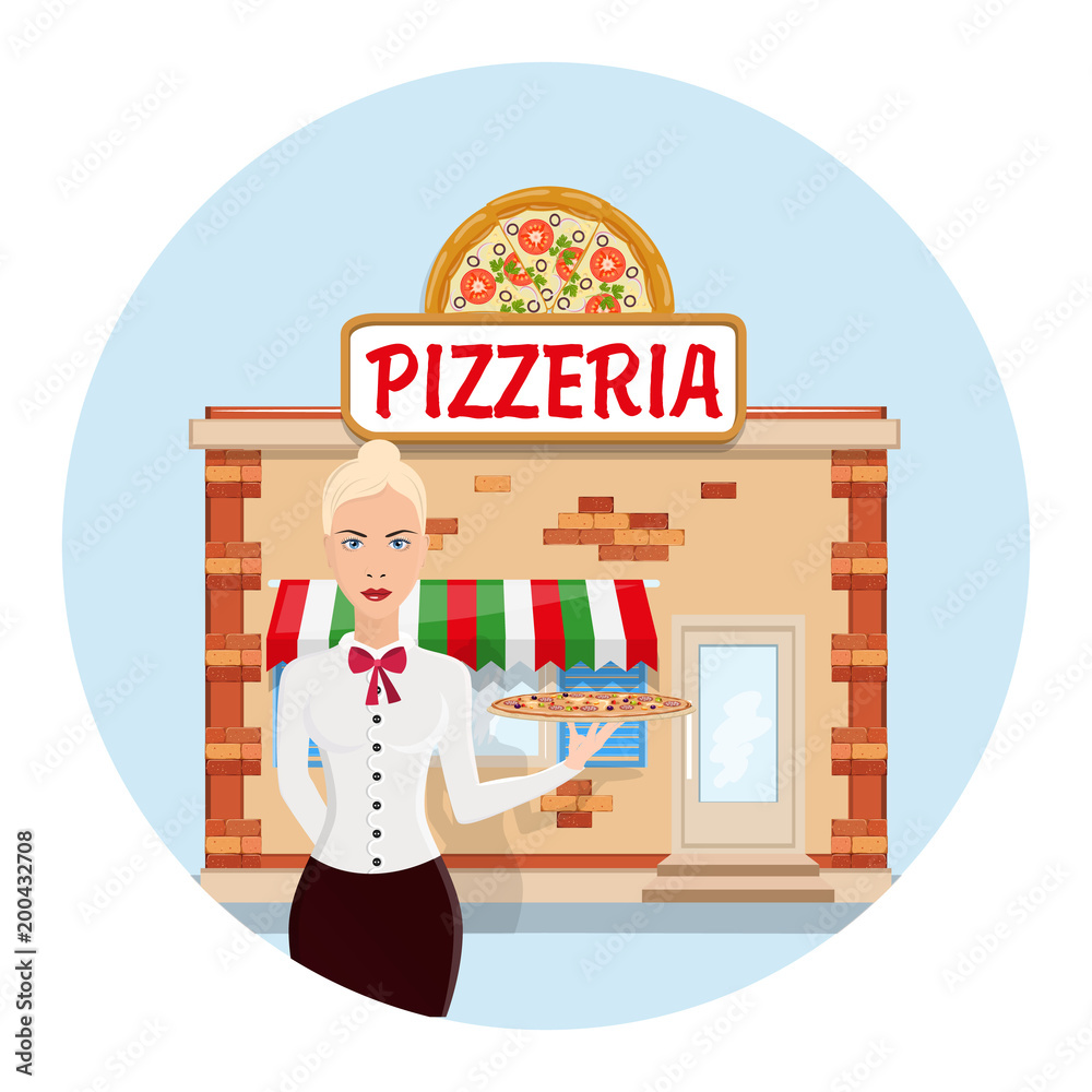 Cartoon pizzeria. Vector flat illustration. Restaurant Waiter Vector ...