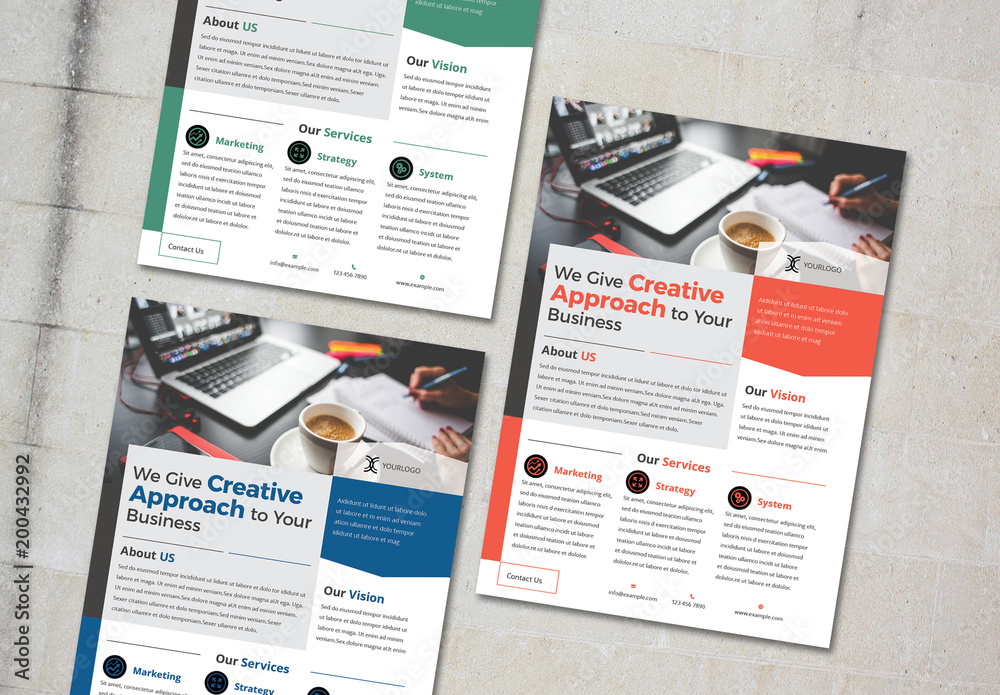 Flyer Layout with Colorful Headers Stock Template | Adobe Stock