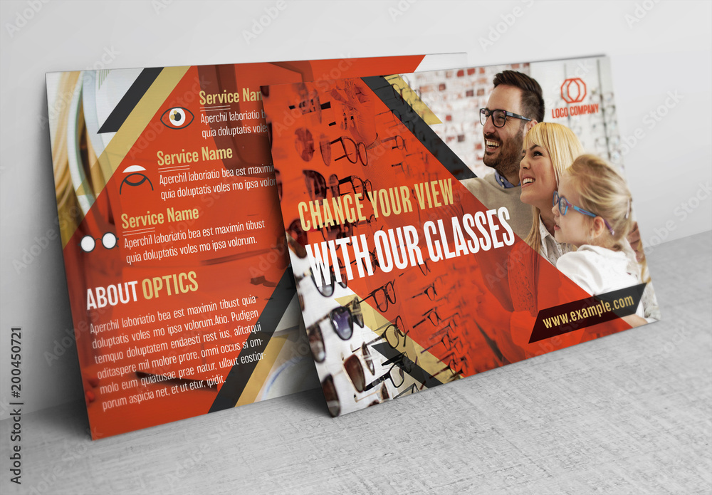 Optometry Postcard Layout with Red Accents Stock Template | Adobe Stock