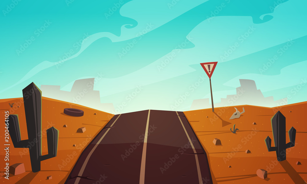 The cracked asphalt road trough the desert landscape. Cartoon vector ...