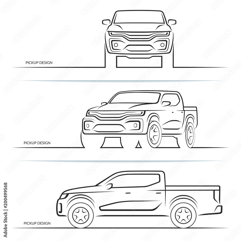 Vector car silhouettes. Front, side and perspective view of off-road ...