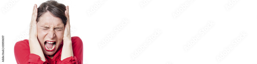 mad woman screaming, covering ears to refuse listening, white panorama ...