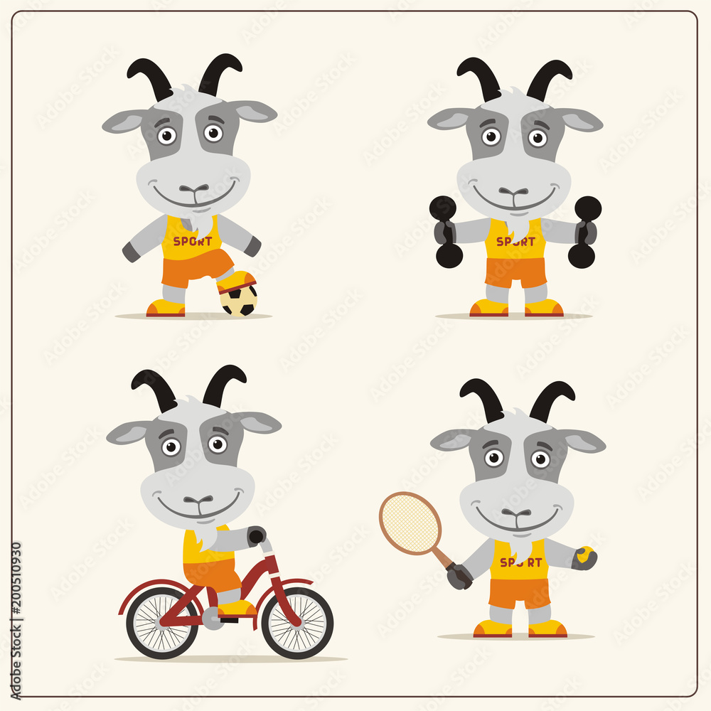 Set of funny goat is engaged in sports. Collection of cartoon goat of ...