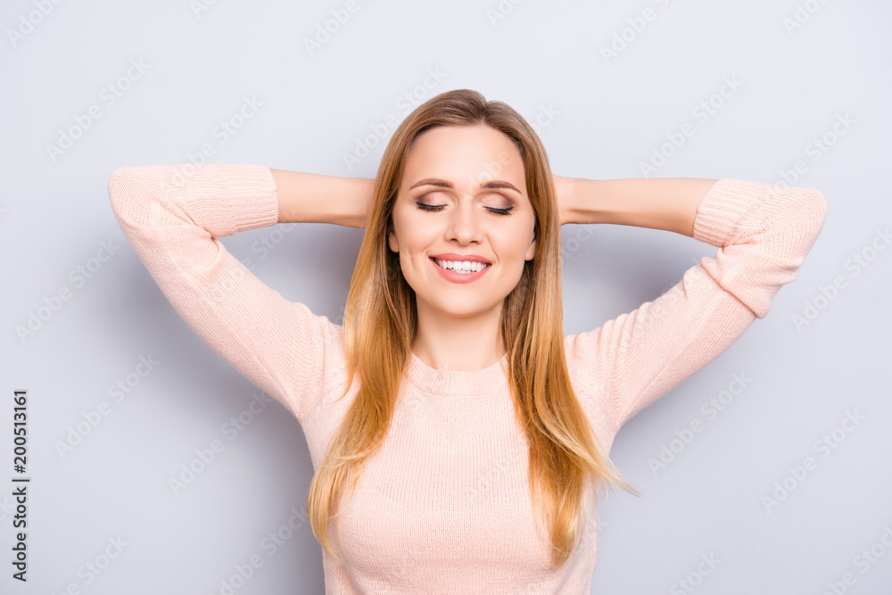 Enjoy joy fun good mood model emotion expressing person freedom concept ...