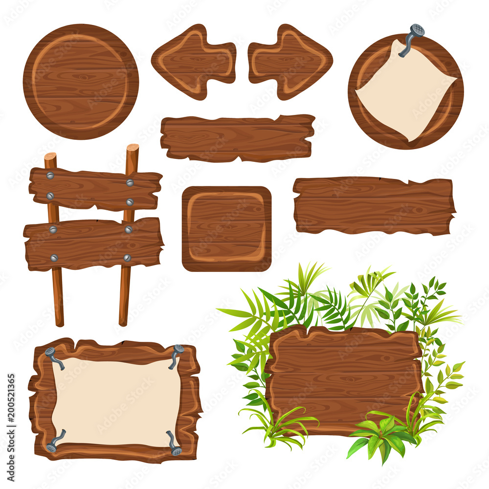 Wooden sign set isolated on white background vector illustration. Round ...