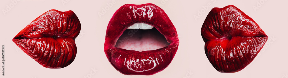Woman's lip set kiss. Girl mouth close up with red lipstick makeup ...