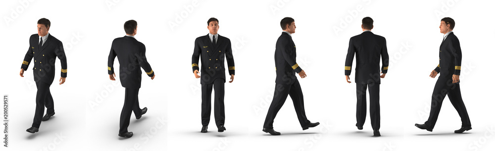 Passenger plane pilot renders set from different angles on a white. 3D ...