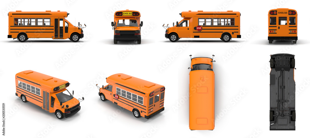 Yellow small school bus renders set from different angles on a white ...