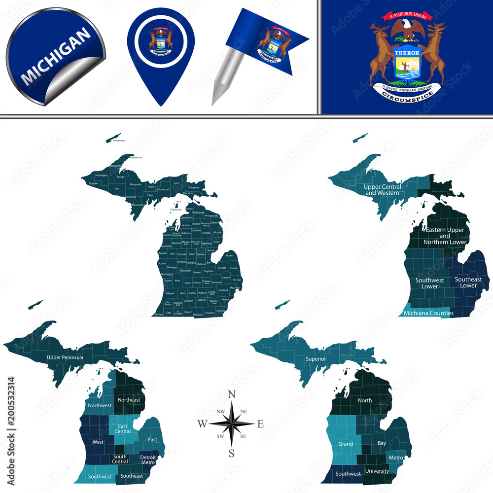 Map of Michigan with Regions Stock Vector | Adobe Stock
