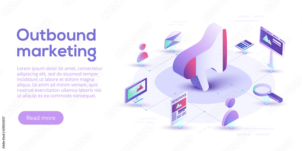Inbound and outbound marketing vector business illustration in ...