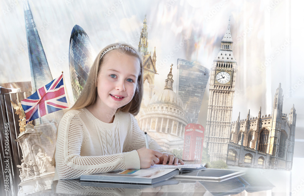 Pretty english girl with books, studying. English educational concept ...