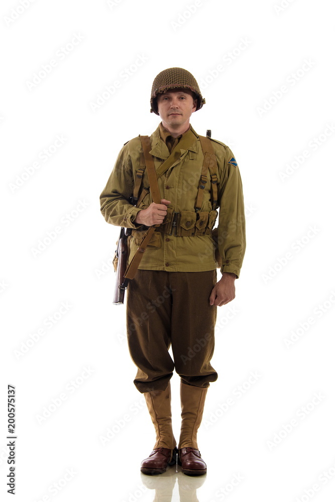 Man actor in military uniform of American ranger of World War II period ...
