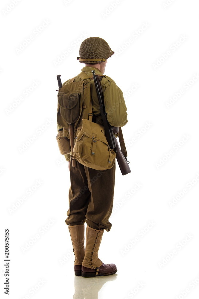 Man actor in military uniform of American ranger of World War II period ...