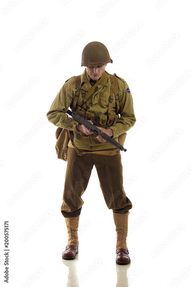 Man actor in military uniform of American ranger of World War II period ...