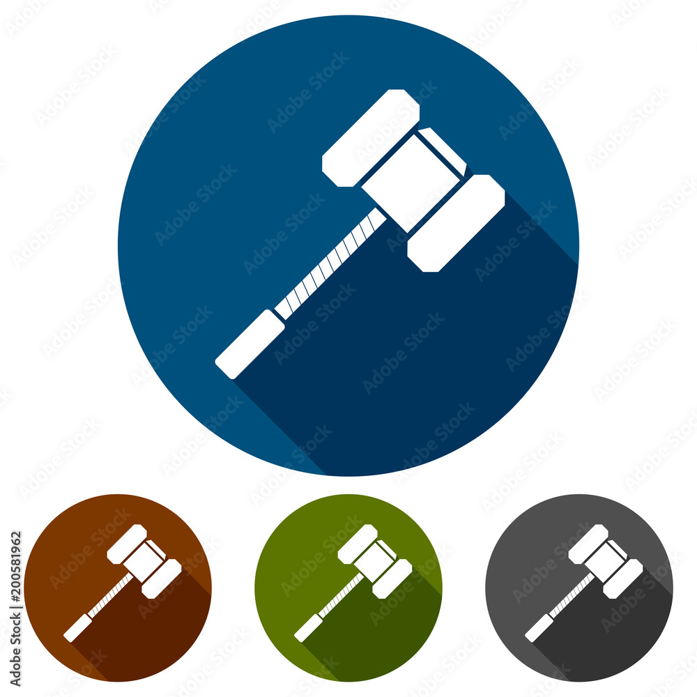 Circular, flat, white two-handed hammer icon. Casting a shadow. Four ...