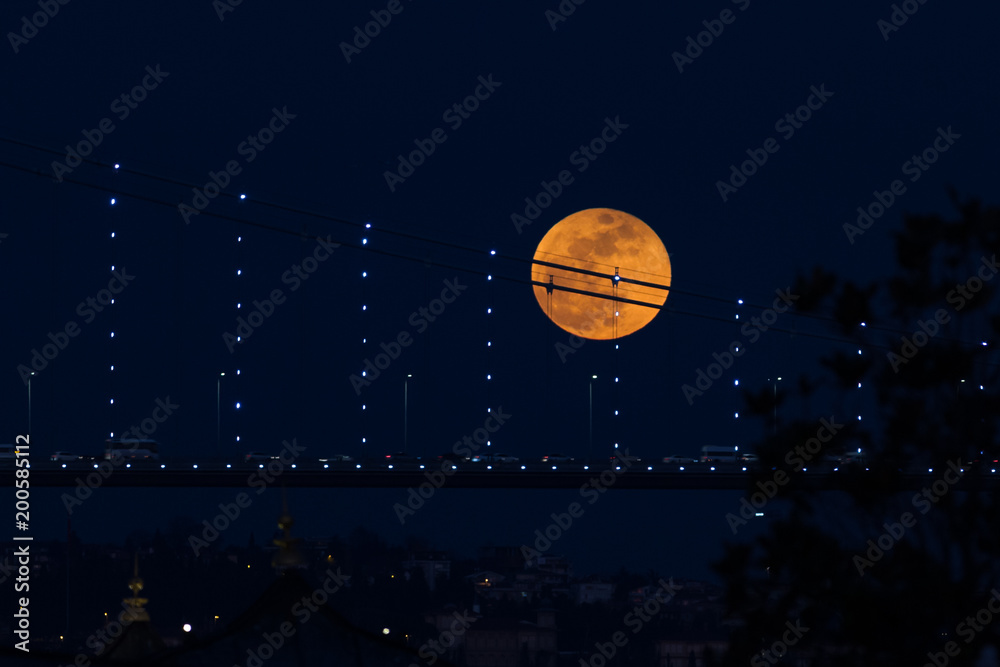 Super Blue Blood Moon Behind Bosphorus Bridge in Istanbul, Turkey Stock ...