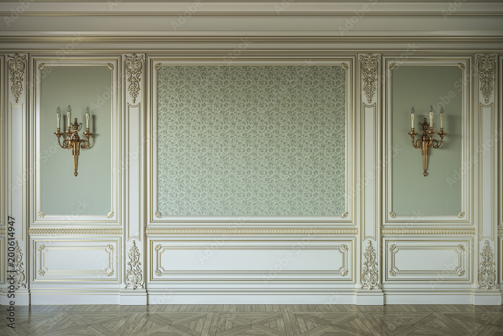 Beige wall panels in classical style with gilding. 3d rendering Stock ...
