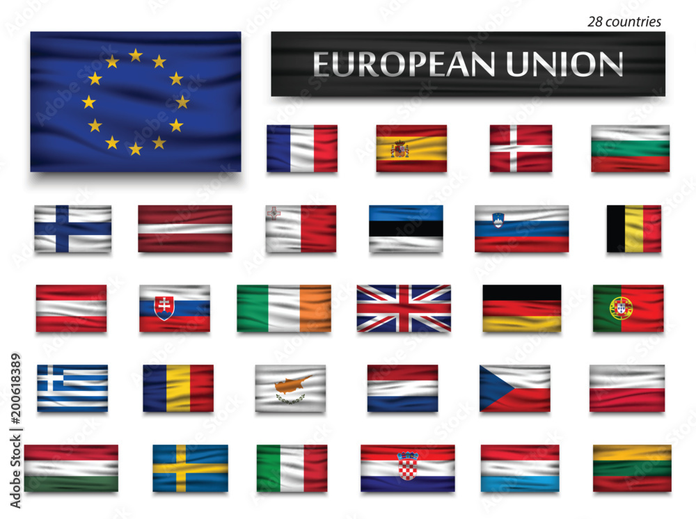 Flags of European Union and members . Wavy design . Isolated background ...