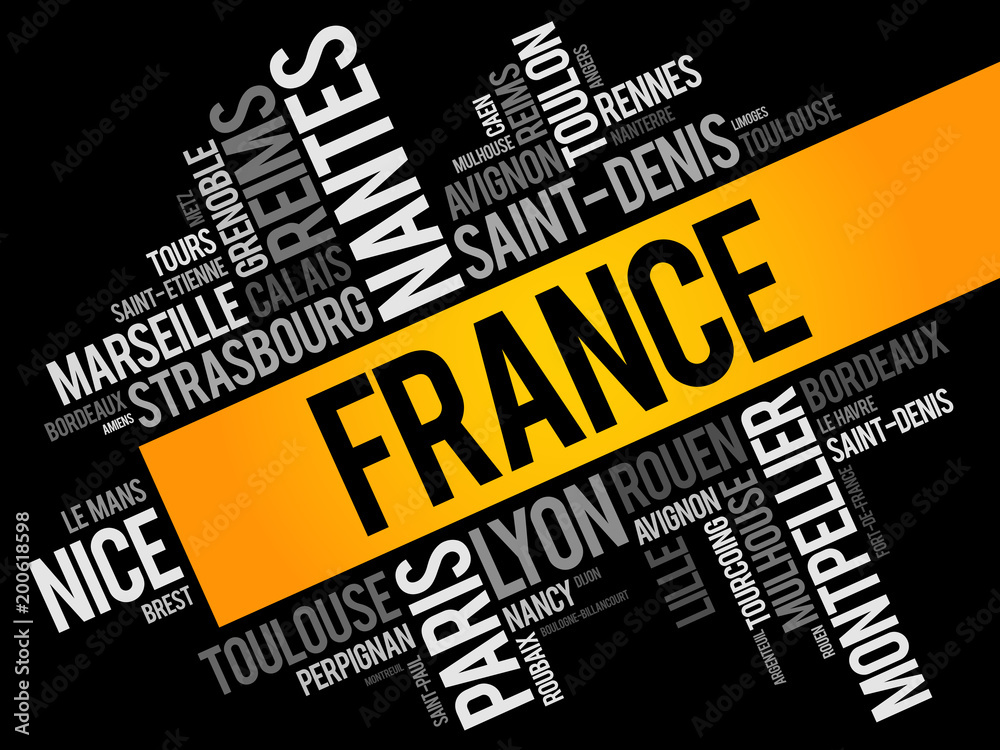 List of cities and towns in France, word cloud collage, travel concept ...