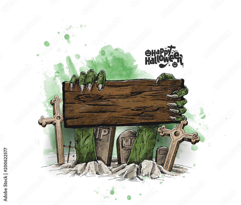 Scary Halloween background with a wooden sign isolated white background ...