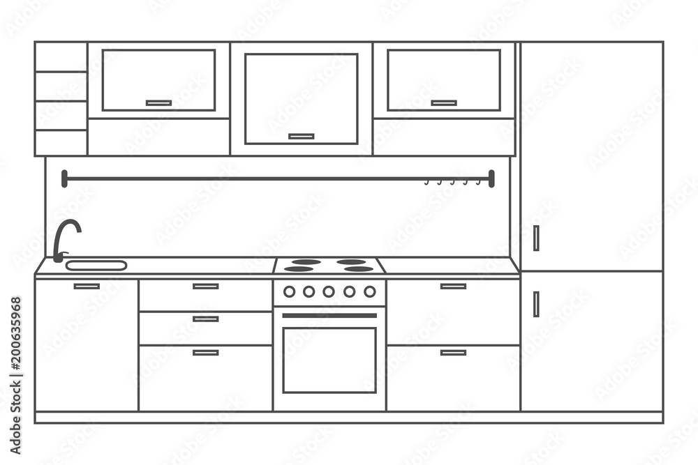 Kitchen interior front view, linear sketch. Line kitchen with furniture ...