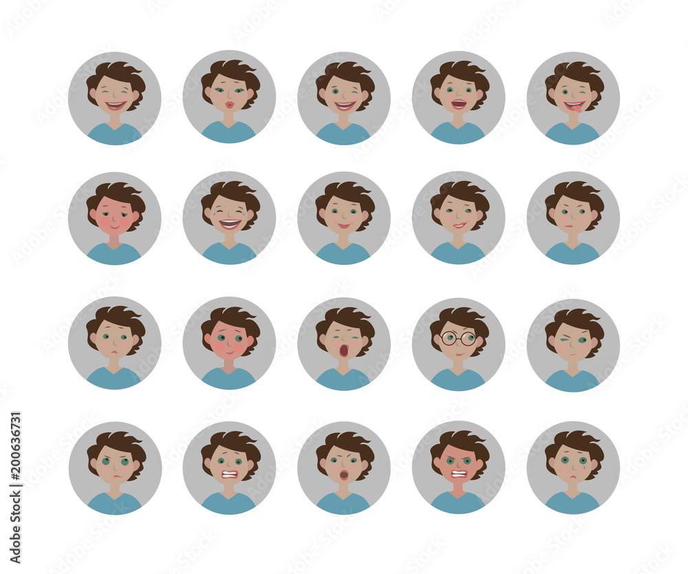 Avatars emotions. Set of facial expressions. Cartoon style emoji icons ...