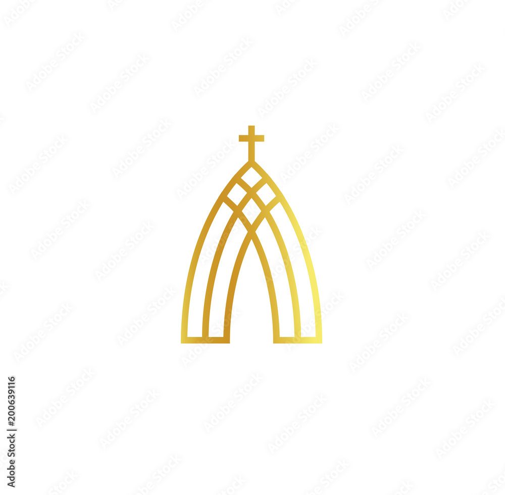 Church abstract minimalistic golden logo on white background. Outline ...