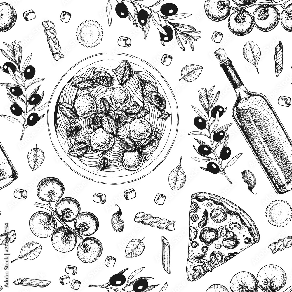 Italian cuisine seamless pattern. A set of Italian dishes. Food menu ...