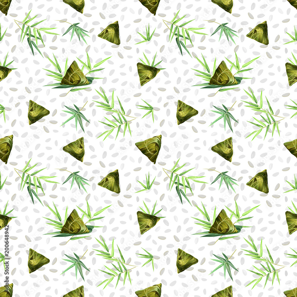 Seamless pattern with bamboo leaves, rice grain and rice dumplings ...