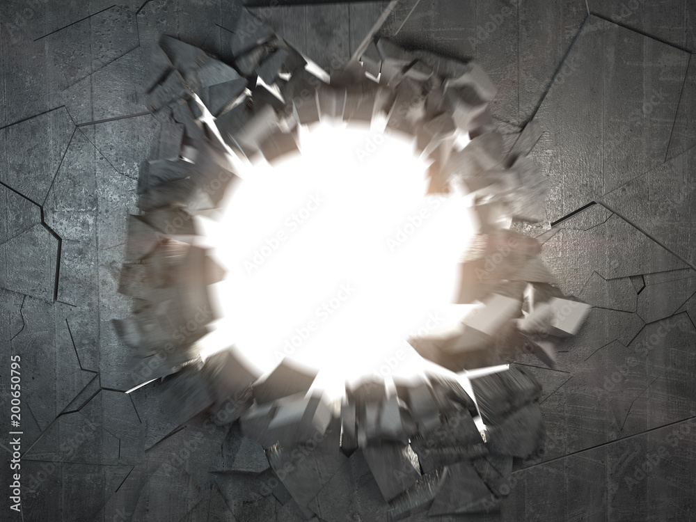 Cracked broken concrete wall with explosion hole and debris. Abstract ...