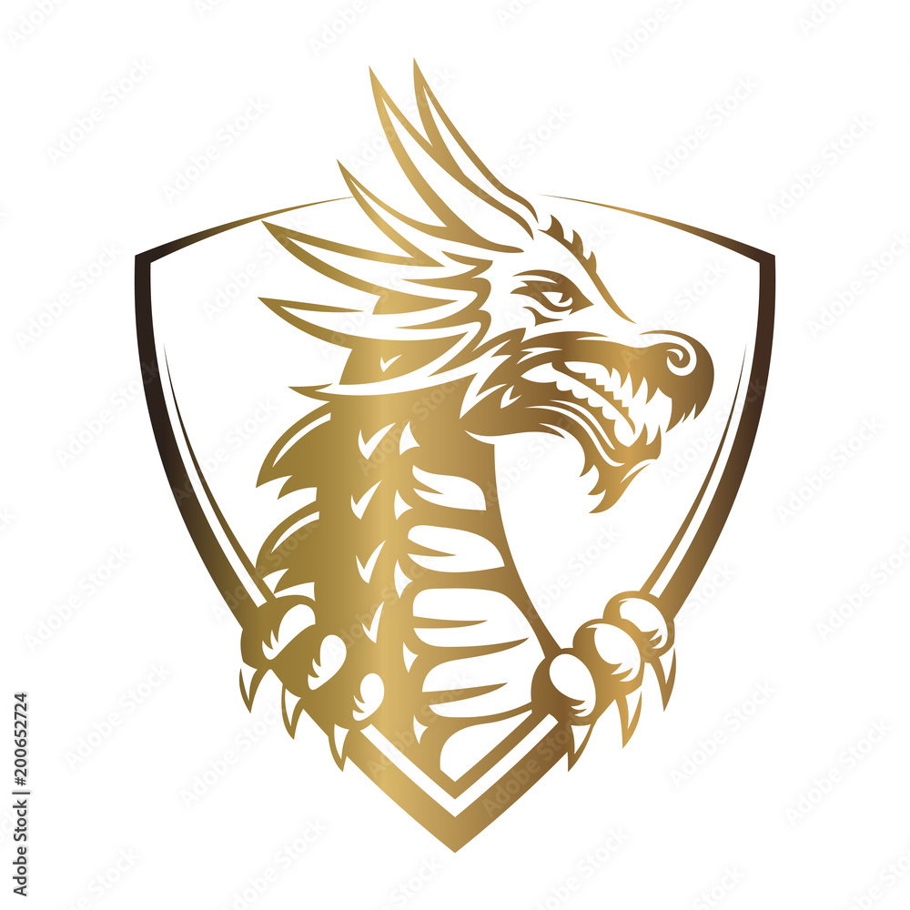 Gold vector head of a dragon in the form of a shield illustration ...