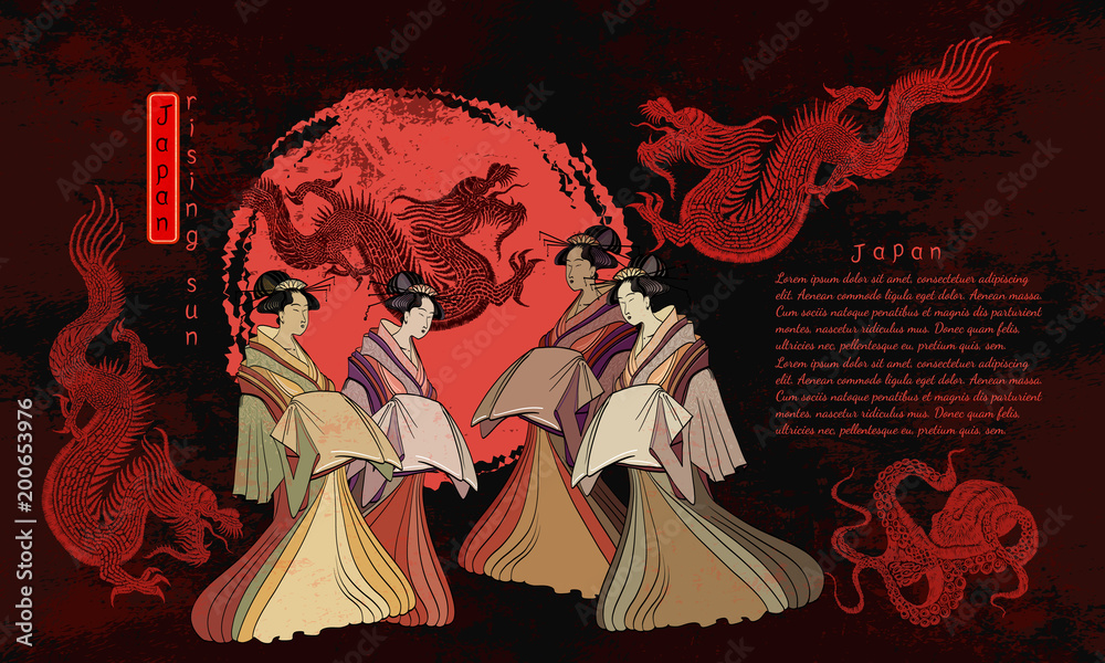 Japan art. Asian culture. Geisha and dragons. Traditional Japanese ...