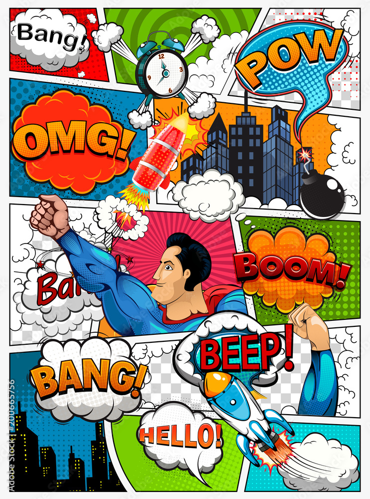Comic book page divided by lines with speech bubbles, rocket, superhero ...