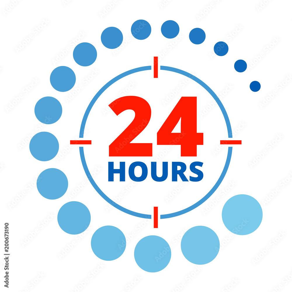 Around the clock sign. Open 24 hours a day icons for shops, cafe and ...