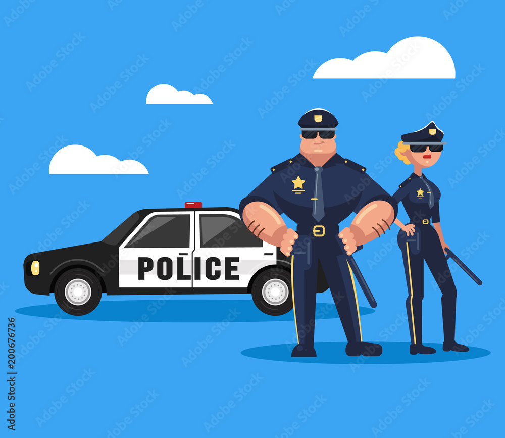Two policeman man and woman officer characters standing near police car ...
