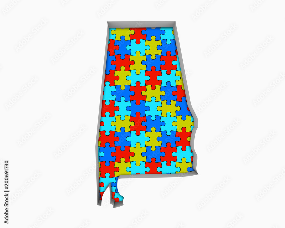 Alabama AL Puzzle Pieces Map Working Together 3d Illustration Stock ...